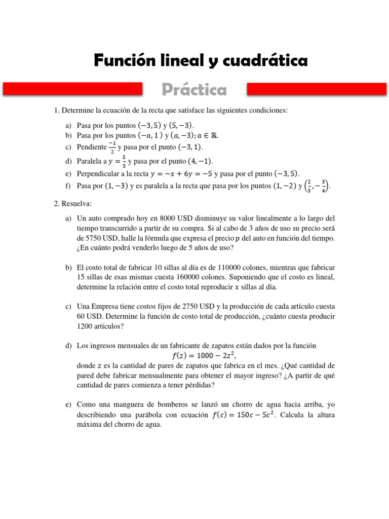 Practica Función Lineal y Cuadrática | PDF