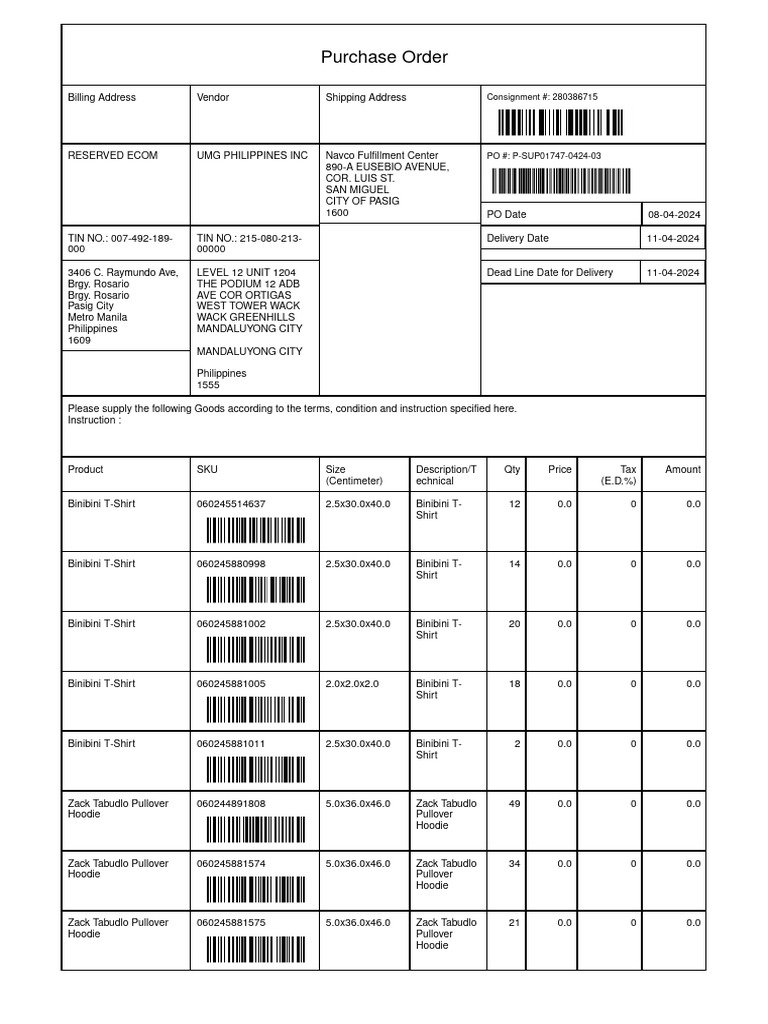Purchase Order for Apparel and Goods | PDF