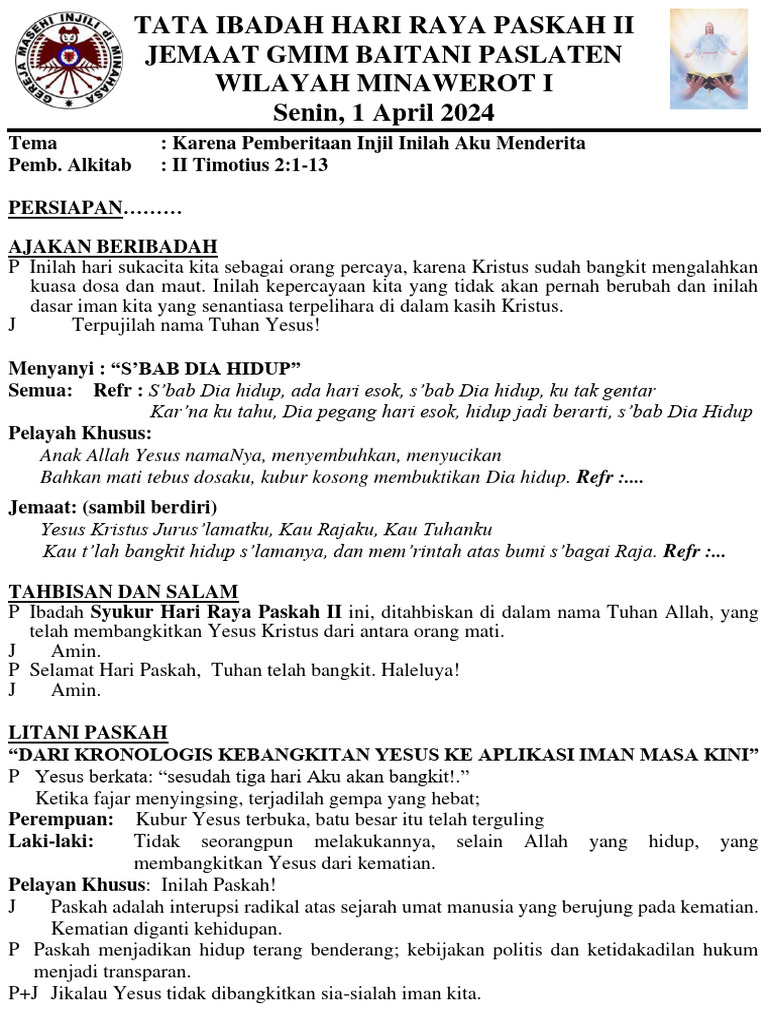 Ibadah Paskah II GMIM Baitani 2024 | PDF
