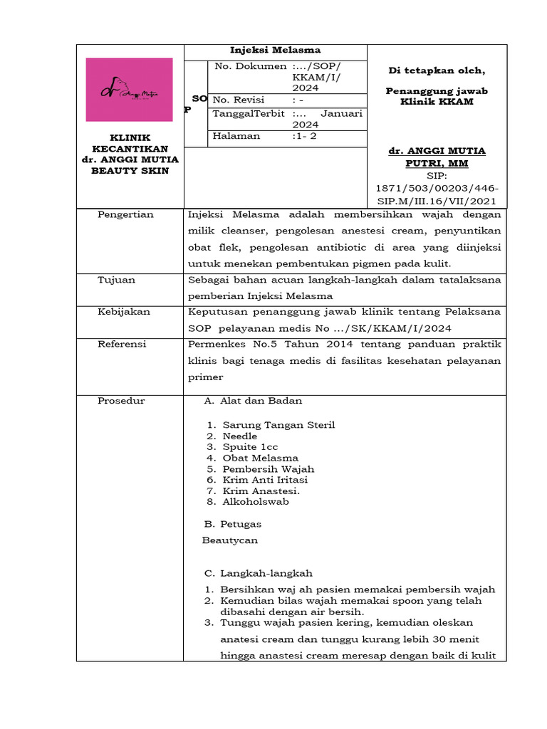 Prosedur Injeksi Melasma Klinik dr. Anggi | PDF