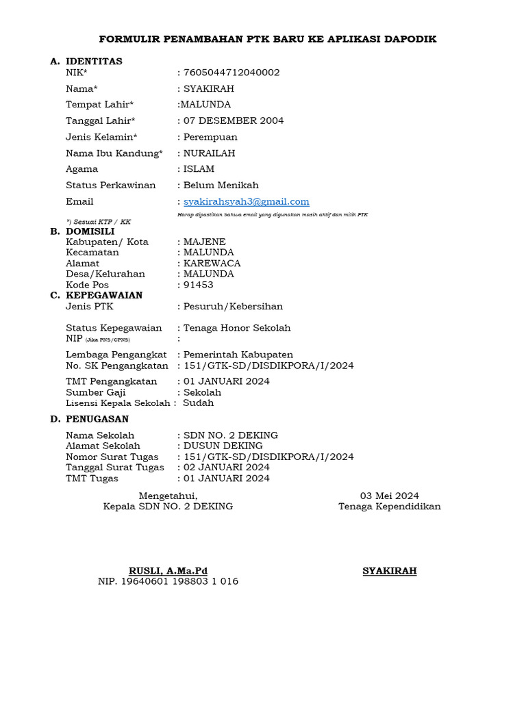 Formulir Penambahan PTK Baru Ke Aplikasi Dapodik Syakirah | PDF Formulir Penambahan PTK Baru Ke Aplikasi Dapodik Syakirah | PDF