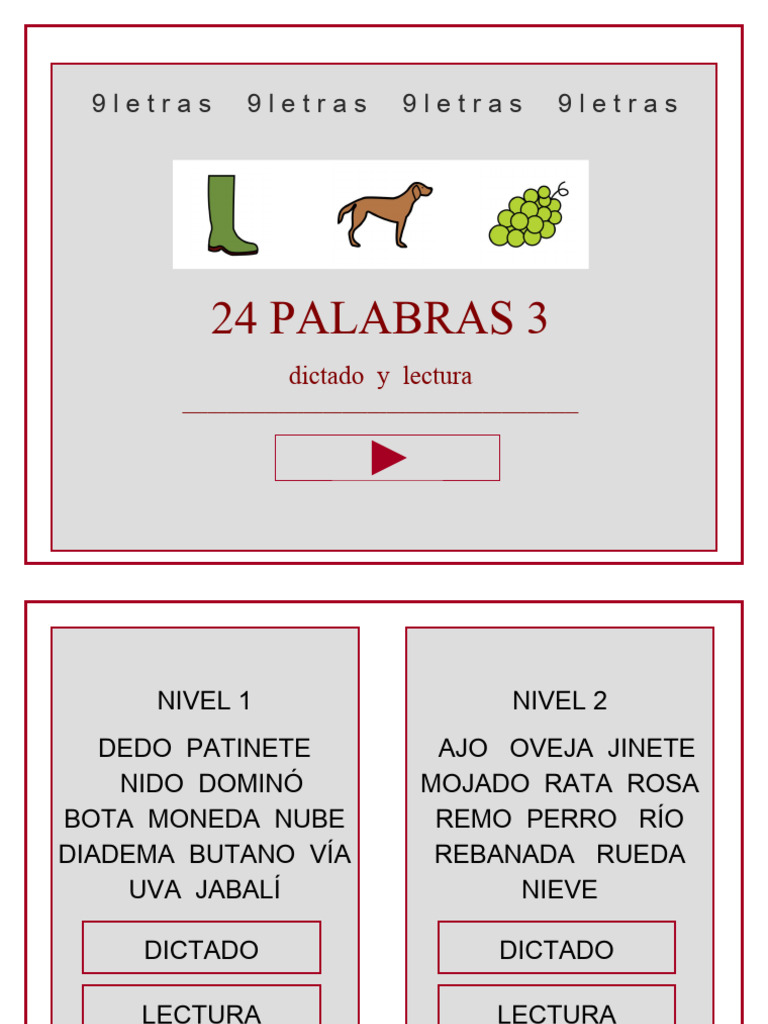 Dictado y Lectura: 9 Letras Nivel 1 y 2 | PDF