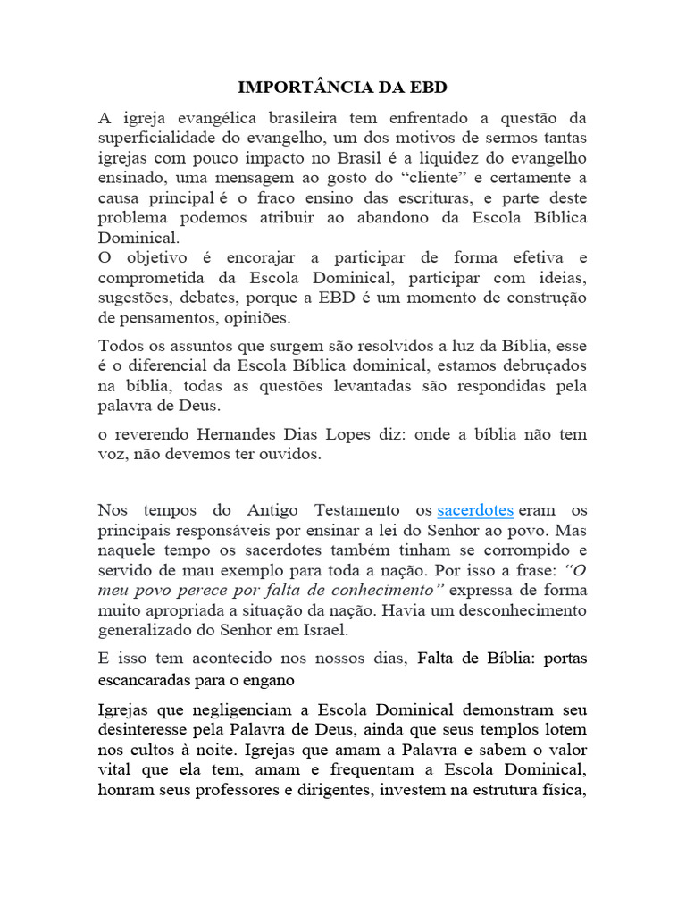 Importância Da Ebd | PDF | Escola dominical | Bíblia