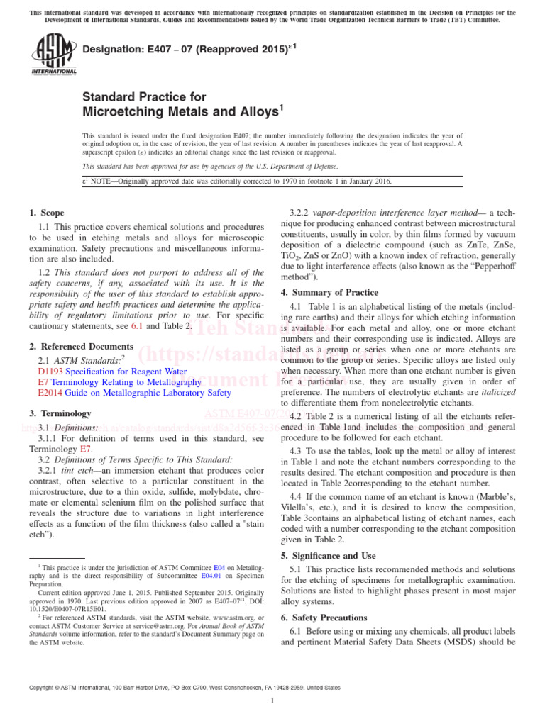 ASTM E407 - 2007 - Standard Practice For Microetching Metals and Alloys | PDF | Metals ...