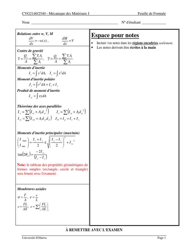 Feuille de Formule - Mécanique I | PDF | Contrainte de cisaillement ...