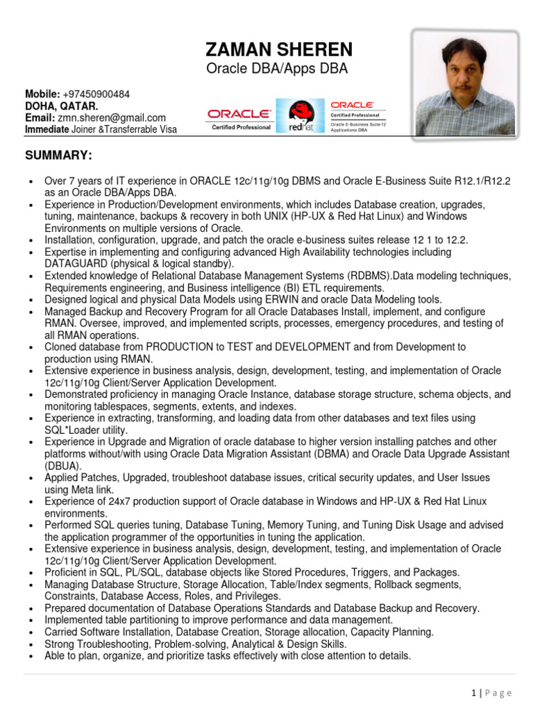 ZamanSherenCV DBA | PDF | Databases | Oracle Database