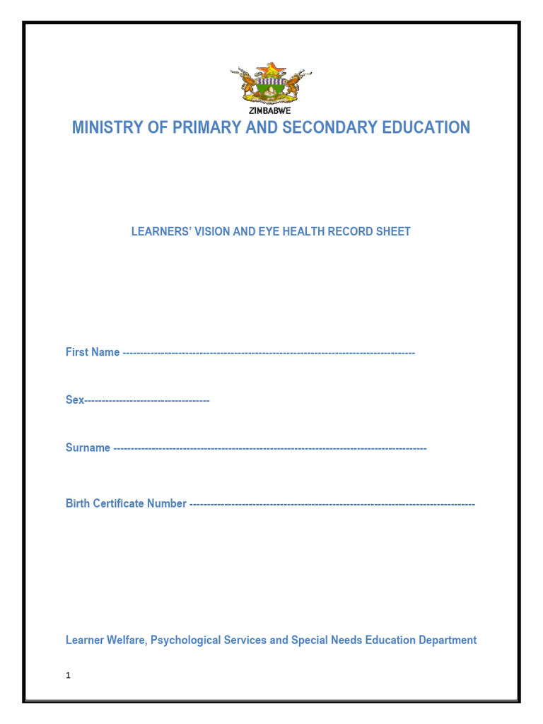 Vision and Eye Health (Corrected) Record Sheet | PDF | Visual ...