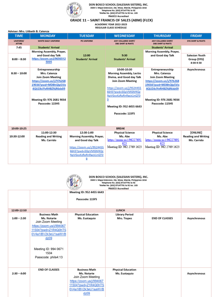11 St. Francis of Sales ABM 4th Quarter Schedule FLEX | PDF