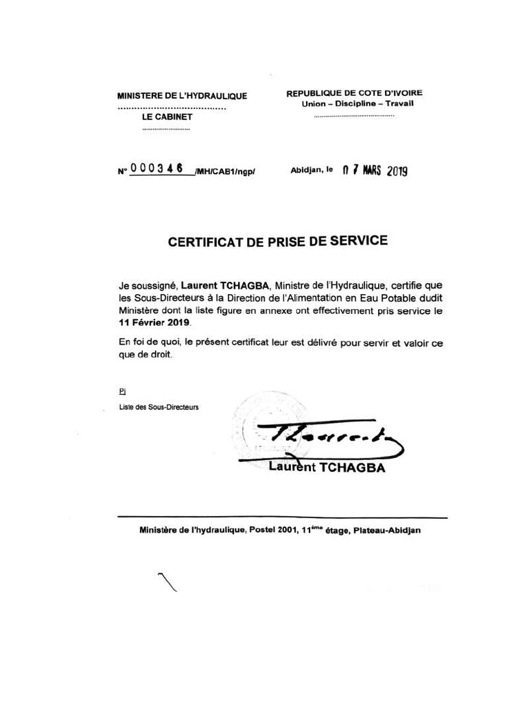 Certificat de Prise de Service Des Sous-Directeurs | PDF