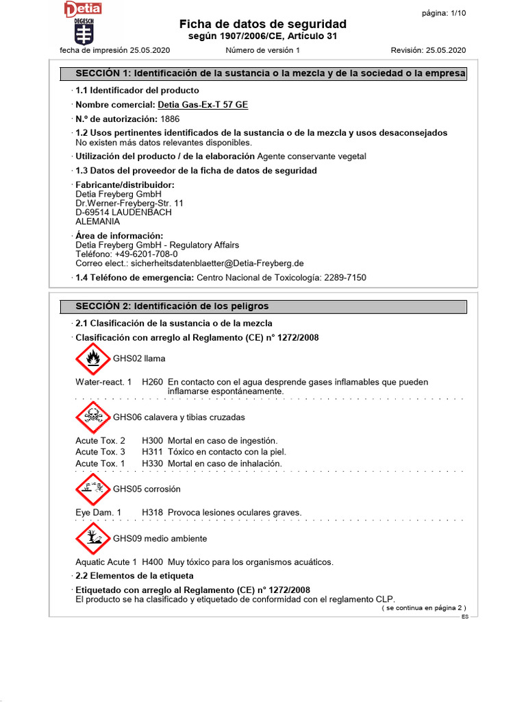 Ficha Seguridad Detia Gas-Ex-T 57 GE | PDF | Agua | Residuos