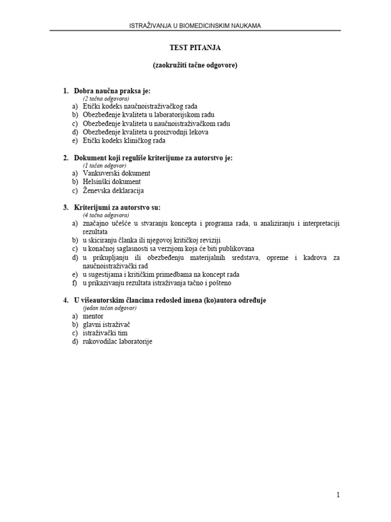 Test Pitanja - Primer Za Studente | PDF