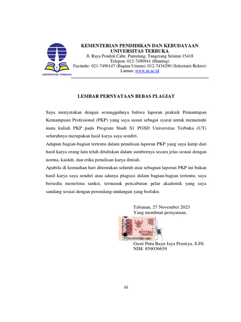 Lembar Pernyataan Bebas Plagiat | PDF