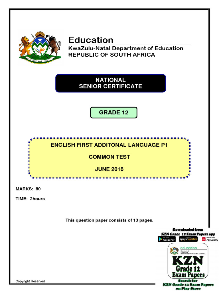 English Fal p1 June 2018 Grade 12 | PDF | Pathology