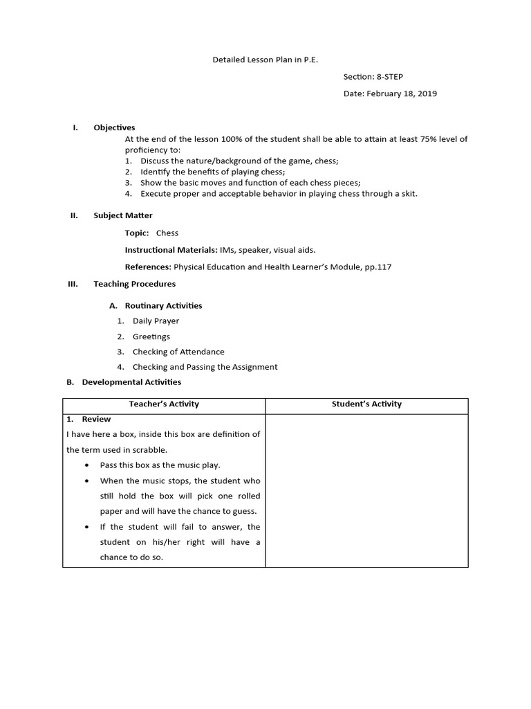 Detailed Lesson Plan P E 8 Chess | PDF | Chess | Lesson Plan