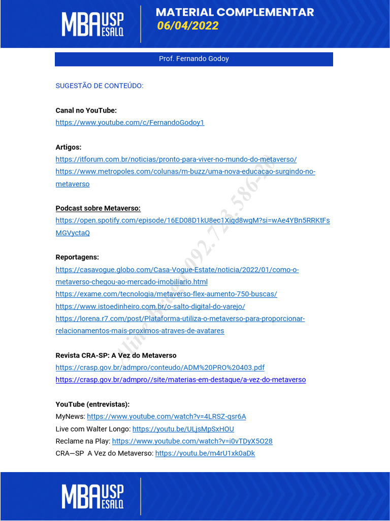 Material Complementar - Sugestao de Conteúdo - Metaverso | PDF