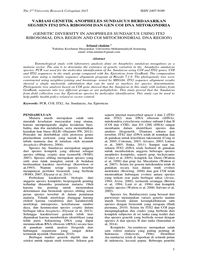 Variasi Genetik Anopheles Sundaicus Berdasarkan Segmen ITS2 DNA Ribosom ...