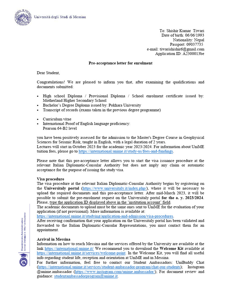 Pre Acceptance Letter | PDF | Diploma | Travel Visa