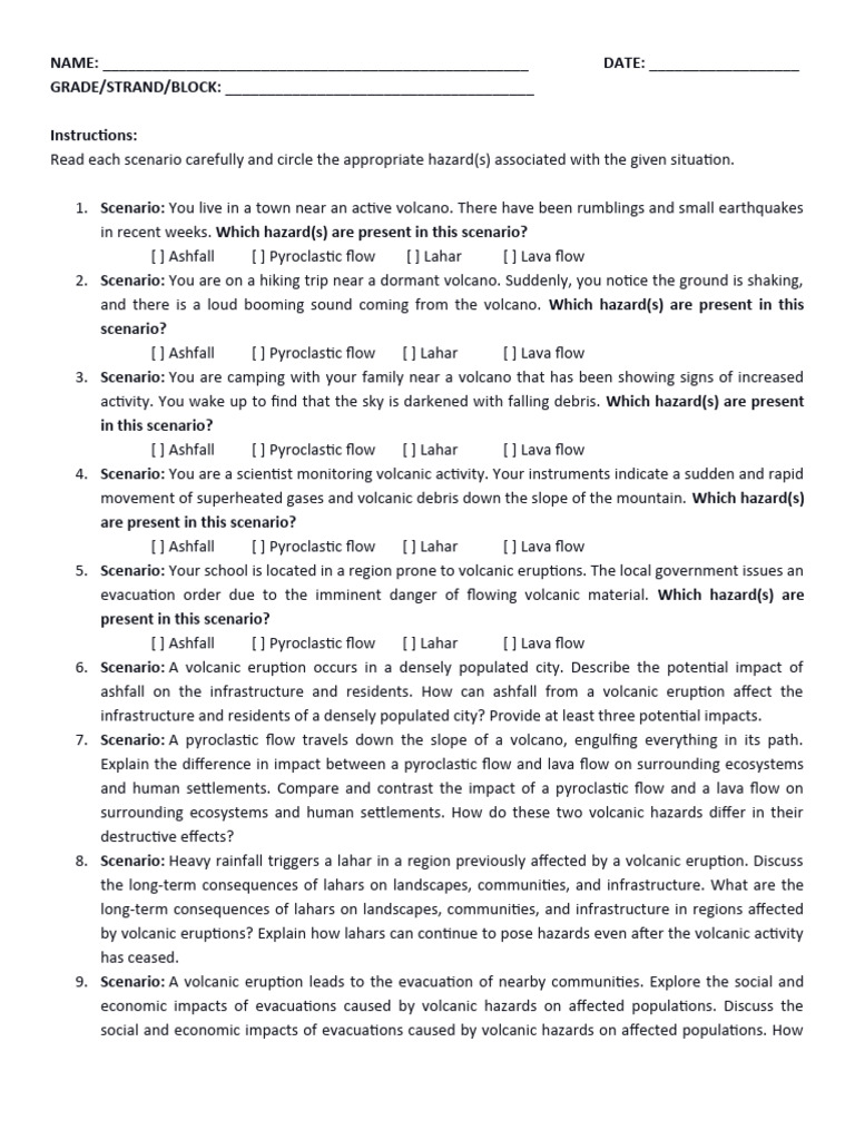 Volcano Hazard Worksheet | Download Free PDF | Volcano | Types Of ...