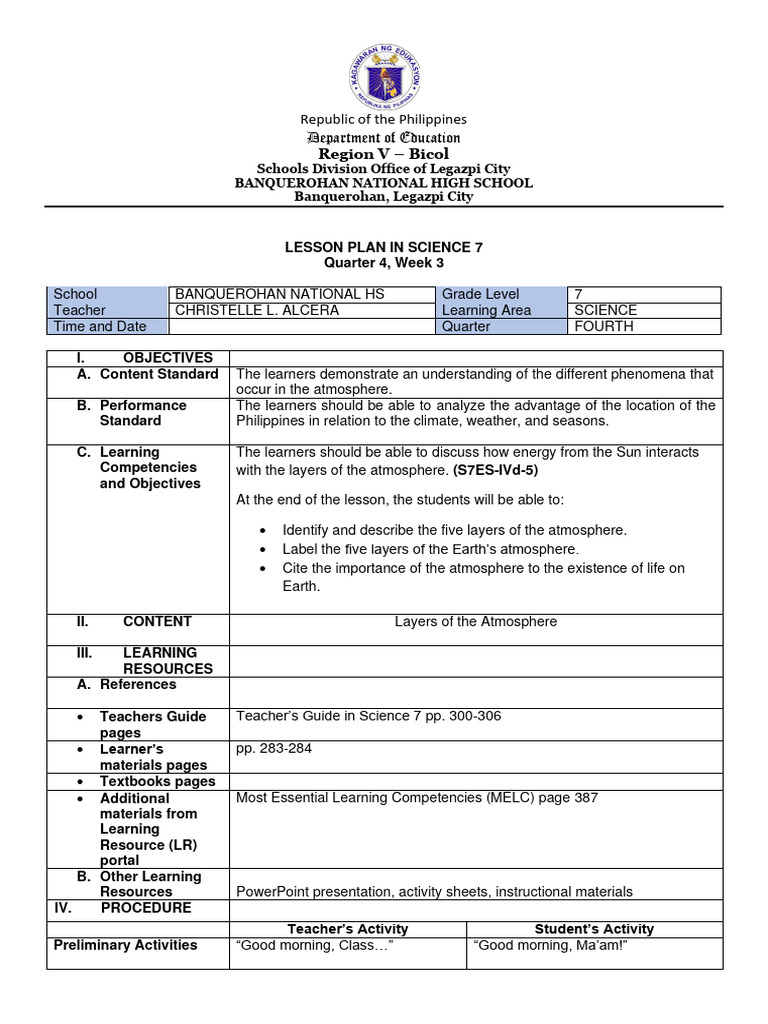 Science 7 Lesson Plan: Atmosphere Layers | PDF | Atmosphere Of Earth ...
