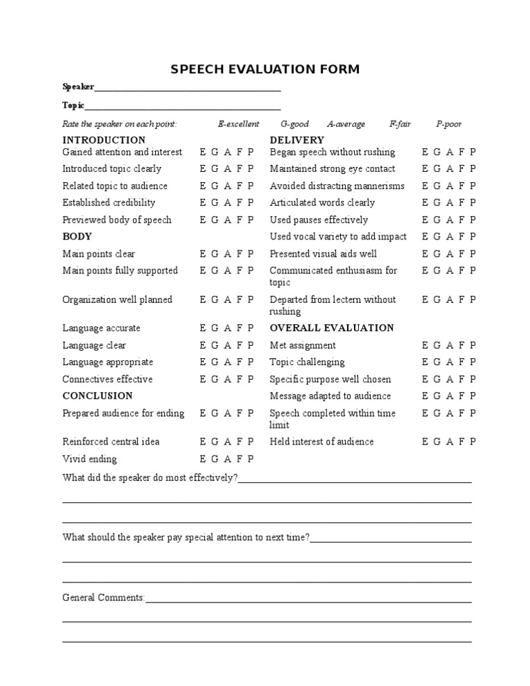 Speech Evaluation Form Template | PDF