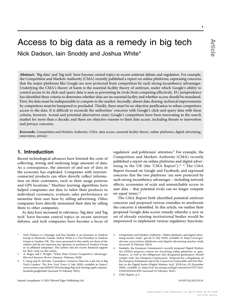 DADSON Et Al - The Role of Big Data in Antitrust - 2021 | PDF | Online ...