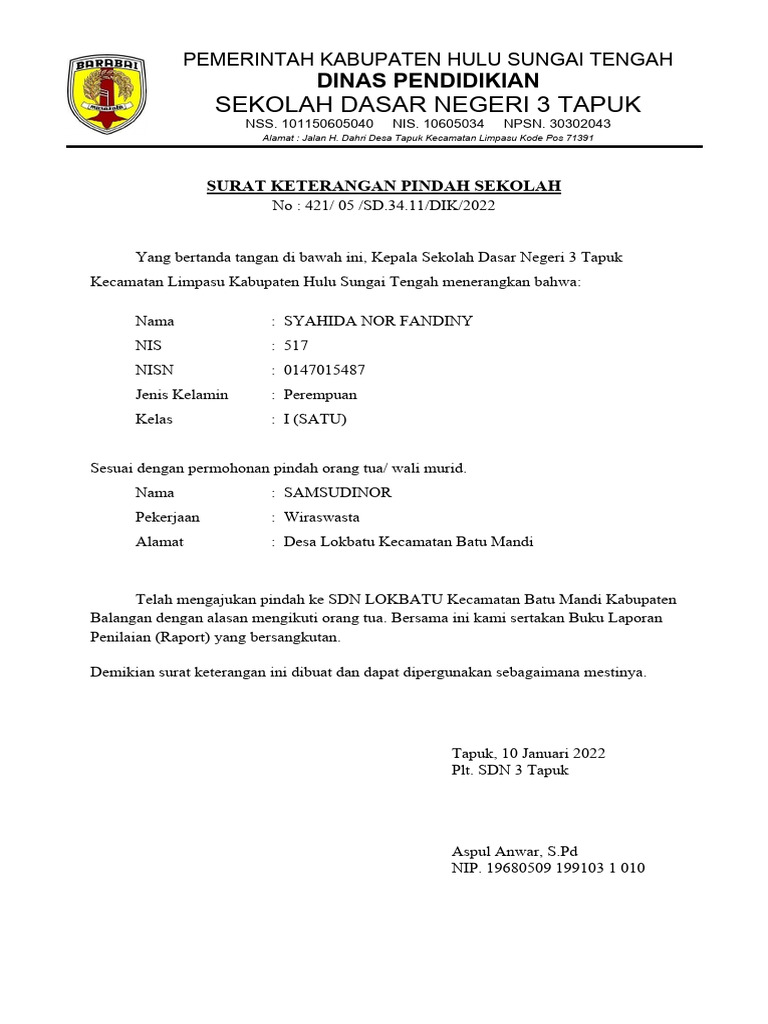 SK Pindah Sekolah | PDF