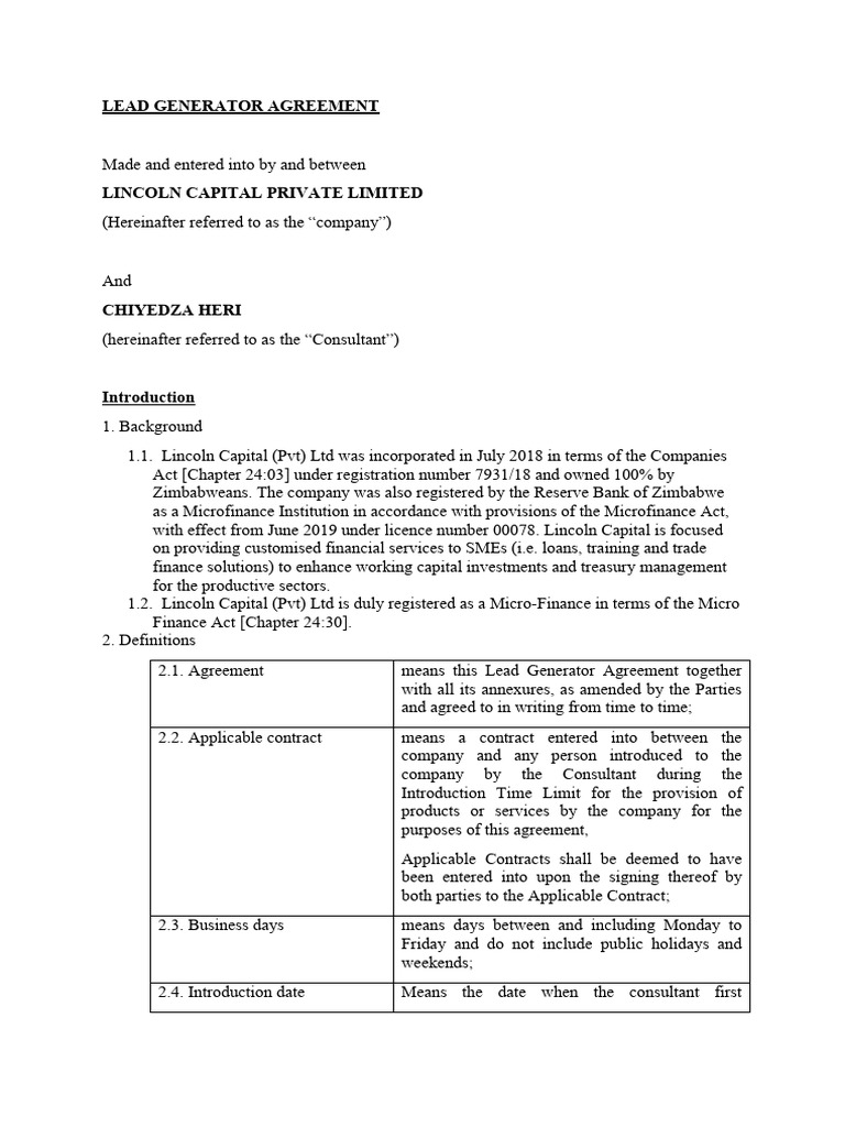 Lead Generator Agreement 2023 | Download Free PDF | Breach Of Contract ...