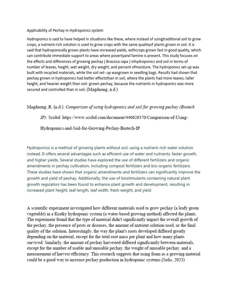 Pechay Growth in Hydroponic Systems | PDF | Hydroponics | Soil