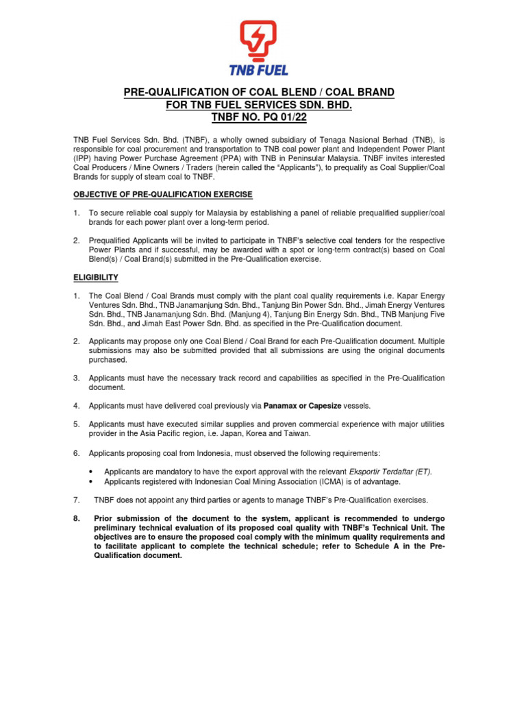 TNB 2022 Tender Coal | PDF | Computers