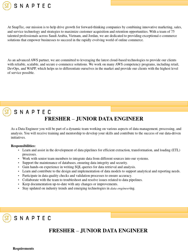 Fresher Junior Data Engineer Snaptecvn | PDF | E Commerce | Data