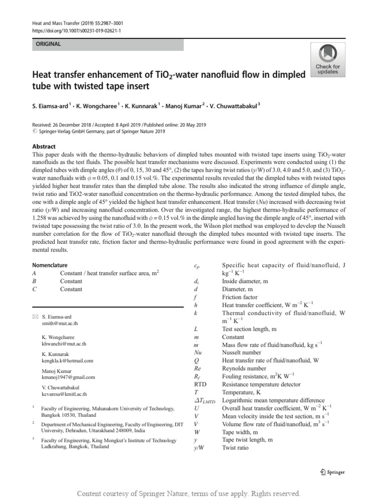 Heat Transfer Enhancement of TiO2-Water Nanofluid | PDF | Heat Transfer | Heat Exchanger