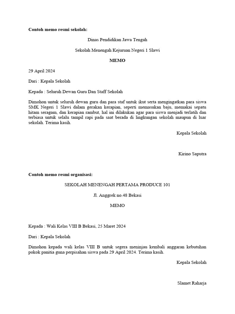 Contoh Memo Resmi Sekolah | PDF