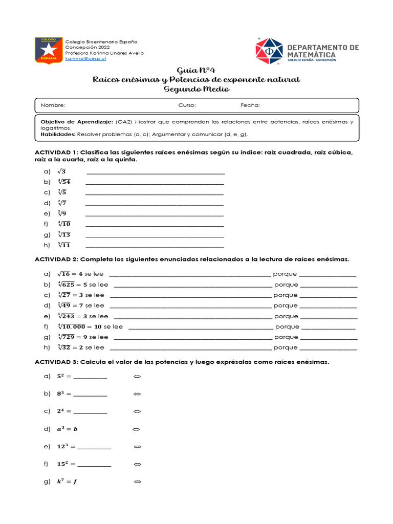 Guía 4 - Raíces Enésimas y Potencias de Exponente Racional | PDF ...