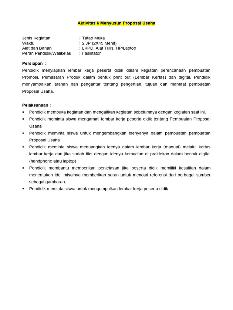 LKPD 6 Menyusun Proposal Usaha | PDF