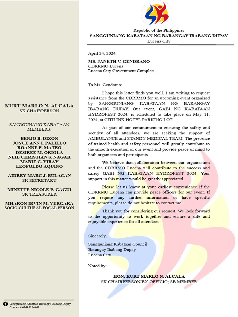 Request Letter - Cdrrmo Lucena | PDF | Youth Organizations