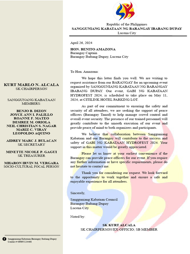 Request Letter - Barangay Tanod | PDF | Philippines | Youth Organizations Request Letter - Barangay Tanod | PDF | Philippines | Youth Organizations
