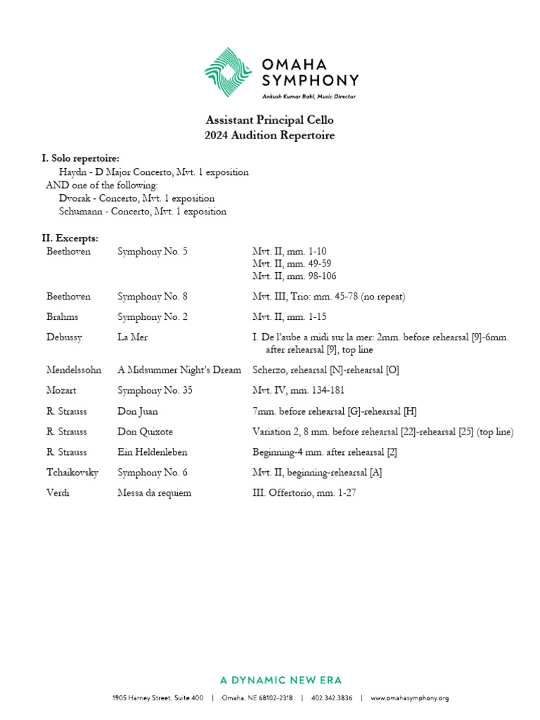 2024 Asst Principal Cello Audition Complete Repertoire List | PDF