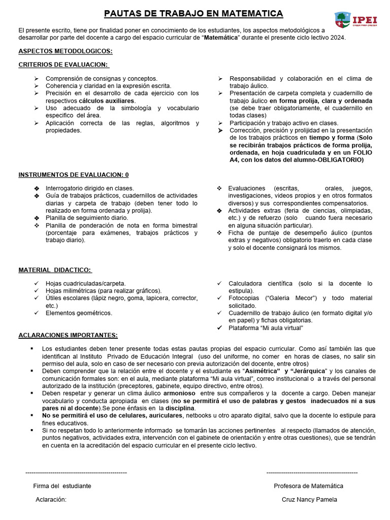 Pautas de Trabajo en Matematica - 2024 | PDF | Salón de clases | Evaluación