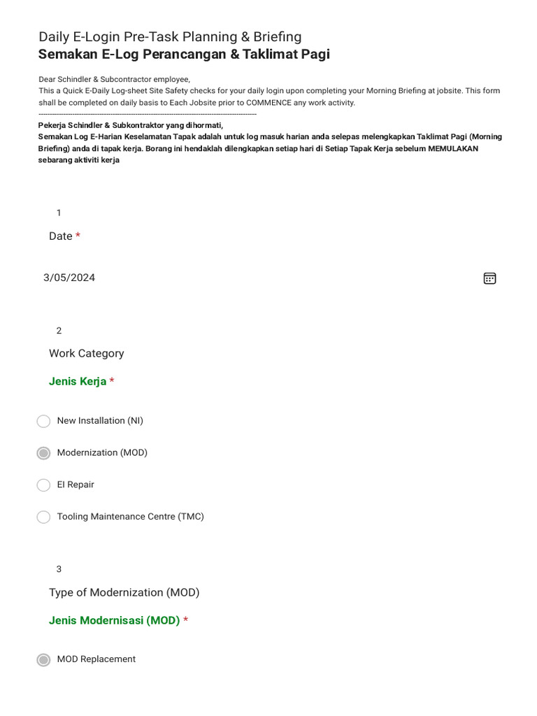 Daily E-Login Pre-Task Planning & Briefing Semakan E-Log Perancangan ...