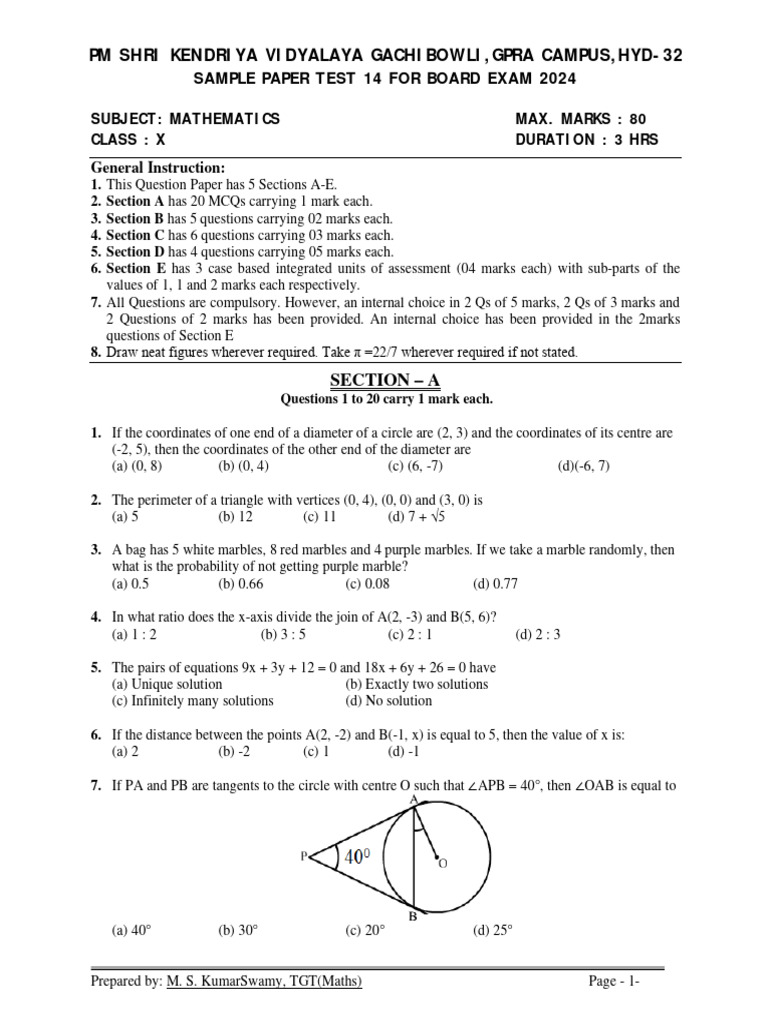 Maths Class X Sample Paper Test 14 For Board Exam 2024 | PDF | Circle ...
