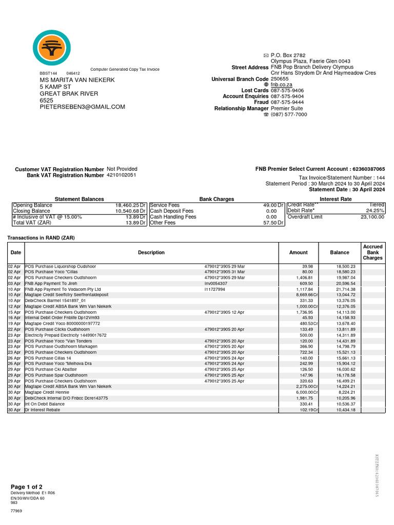 Ms Marita Van Niekerk 5 Kamp ST Great Brak River 6525: Page 1 of 2 | PDF | Debit Card | Annual ...