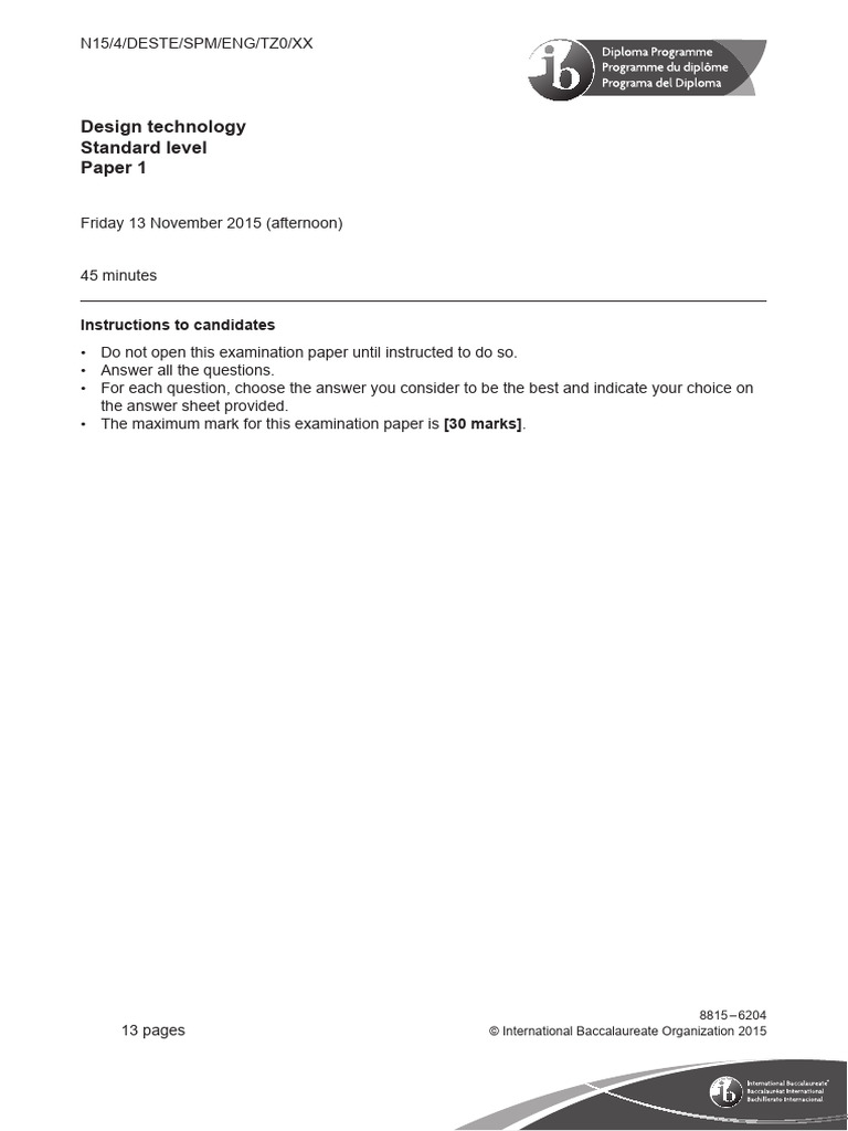 IB Design Technology Paper 1 Exam 2015 | PDF | Electrical Resistivity ...