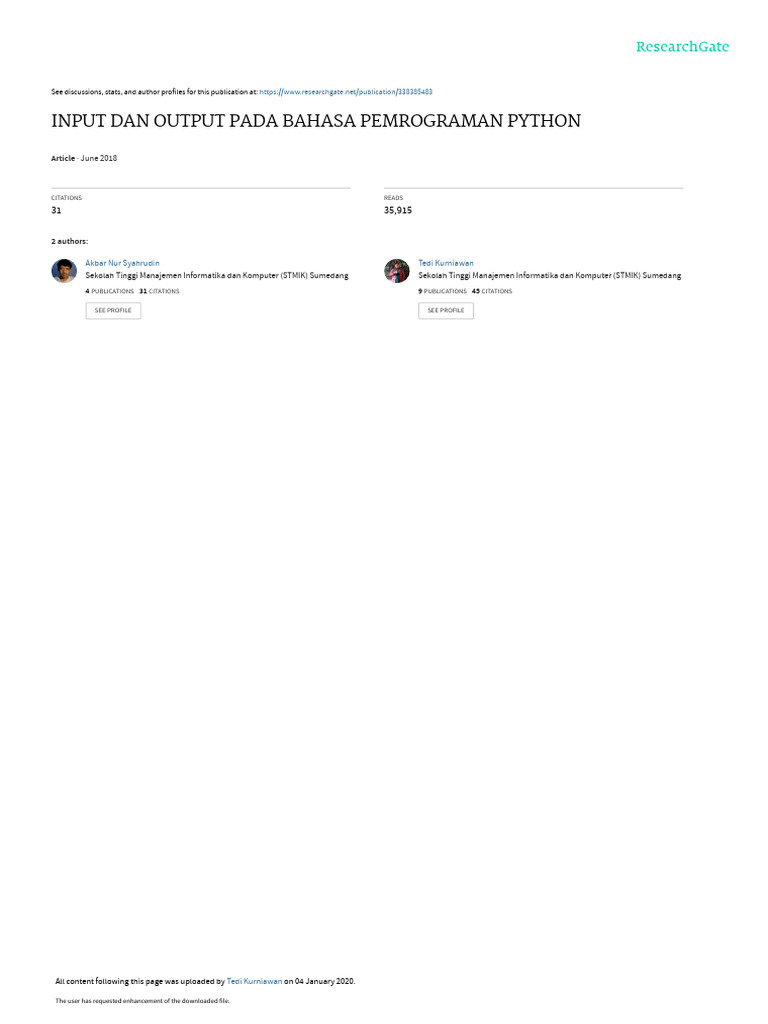 Input Dan Output Pada Bahasa Pemrograman Python: June 2018 | PDF