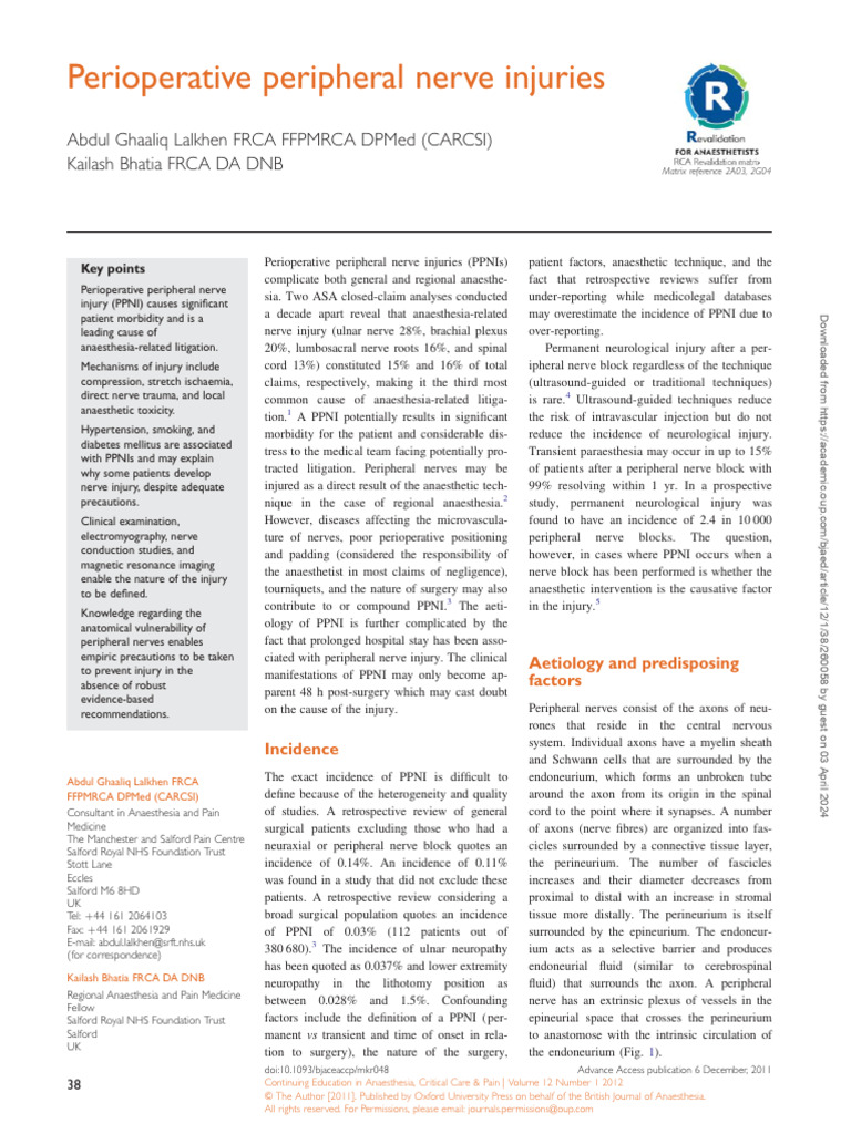 Perioperative Peripheral Nerve Injuries Pdf Anatomical Terms Of