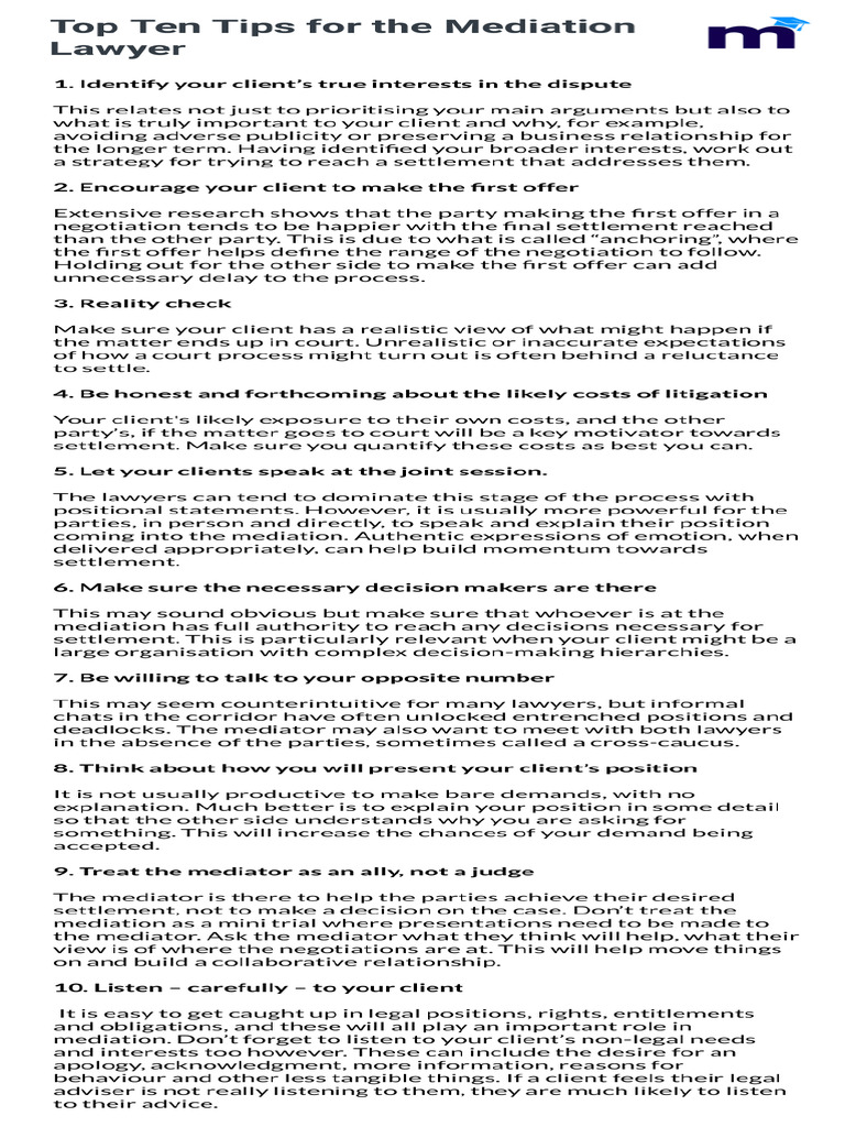 Top Ten Tips For Lawyers in Mediation | PDF