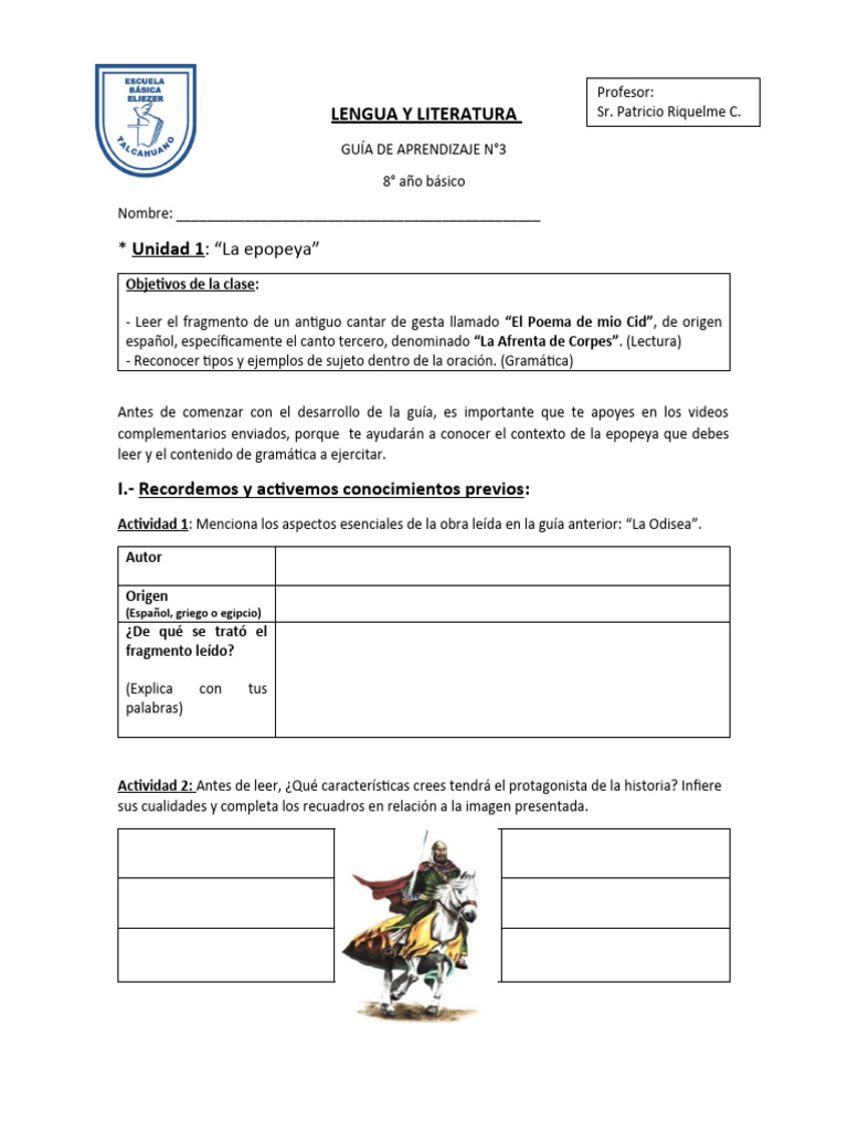 8° Lengua y Literatura - Guía 3 - Unidad 1 | PDF | Asunto (gramática ...
