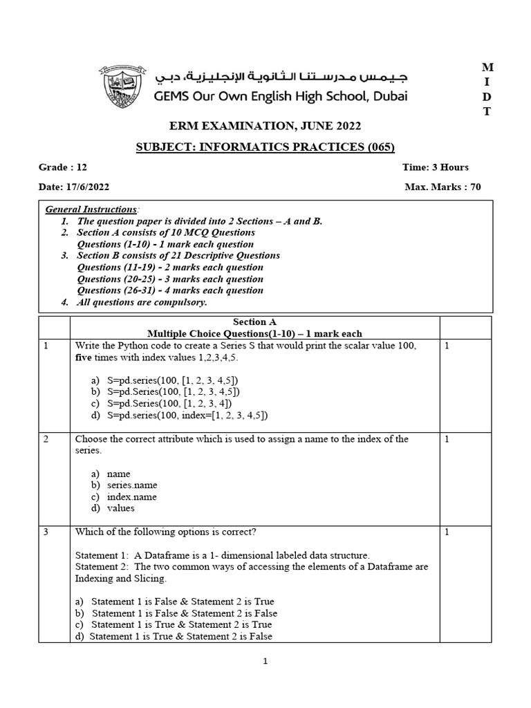 Grade 12 Informatics Practices Exam June 2022 | PDF | Multiple Choice | Computer Programming