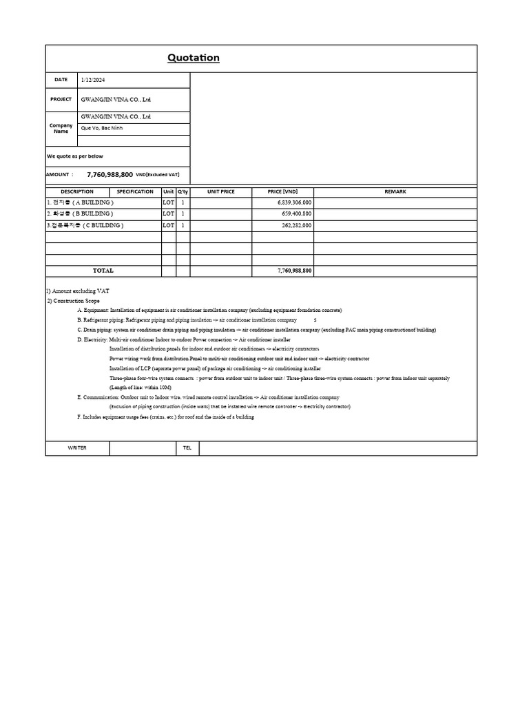 Air Conditioner Installation Quotation | PDF | Pipe (Fluid Conveyance ...