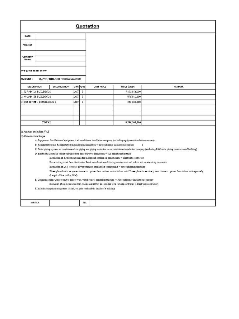 Air Conditioner Installation Quote | PDF | Air Conditioning | Pipe (Fluid Conveyance)