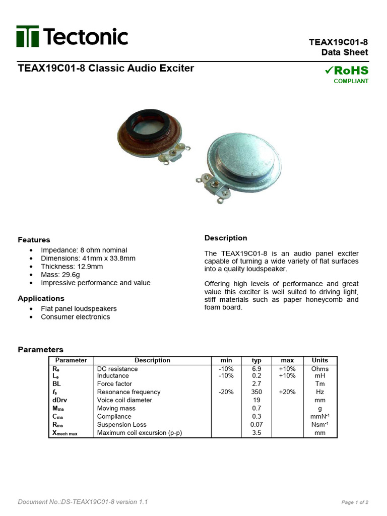 TEL DS TEAX19C01 8 - Rev 1.1 | PDF | Loudspeaker | Electrical Impedance